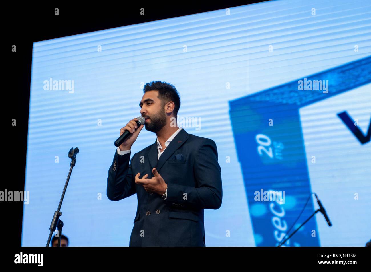 A singer on the stage during a medical event in Egypt's Alexandria ...