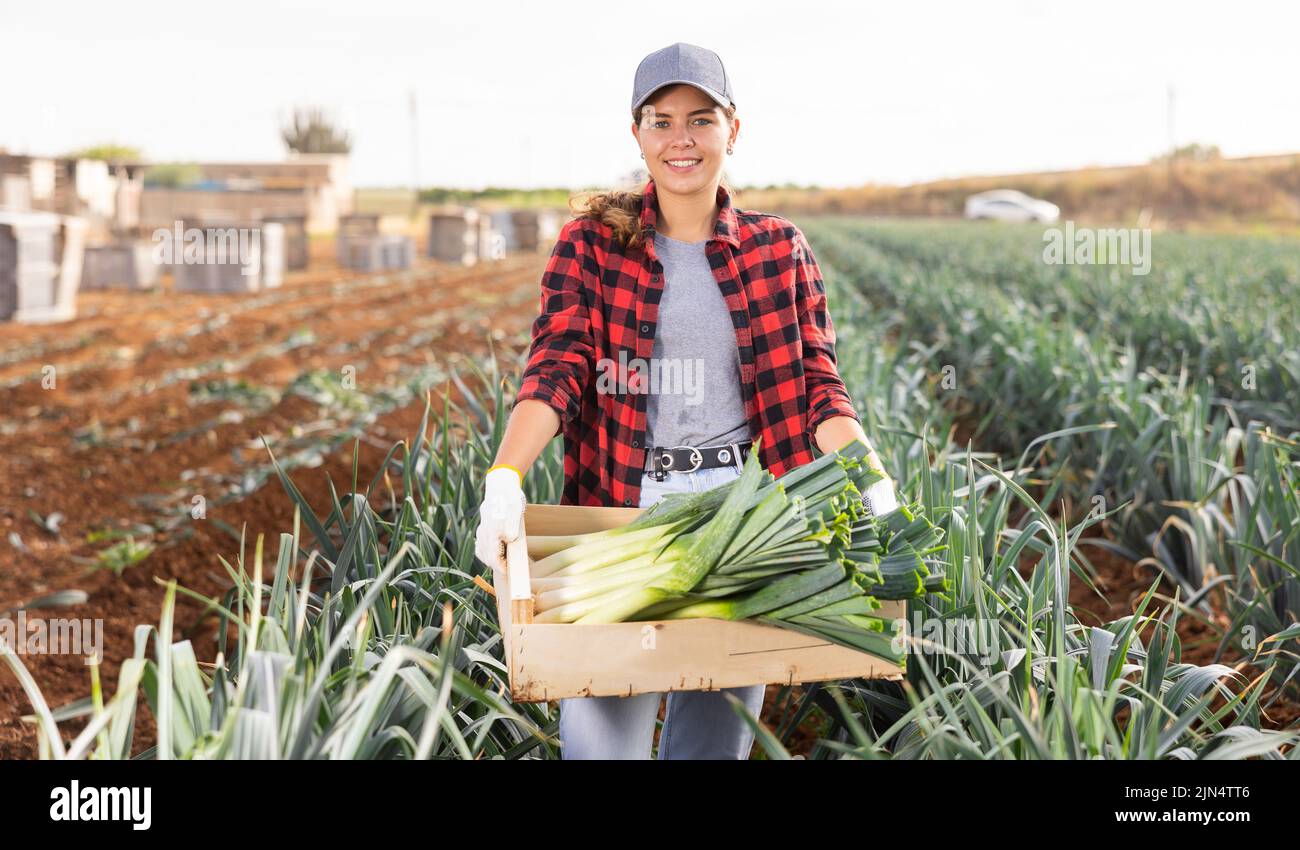 Positive female farmer with a box of leeks in field Stock Photo - Alamy