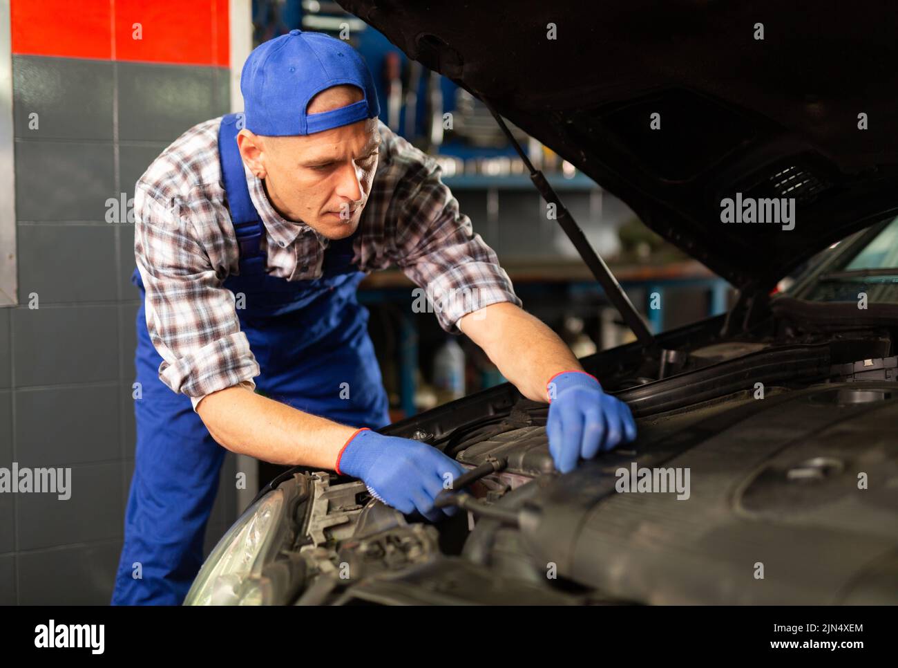 Car mechanic looking at open car hood for internal checking Stock Photo ...