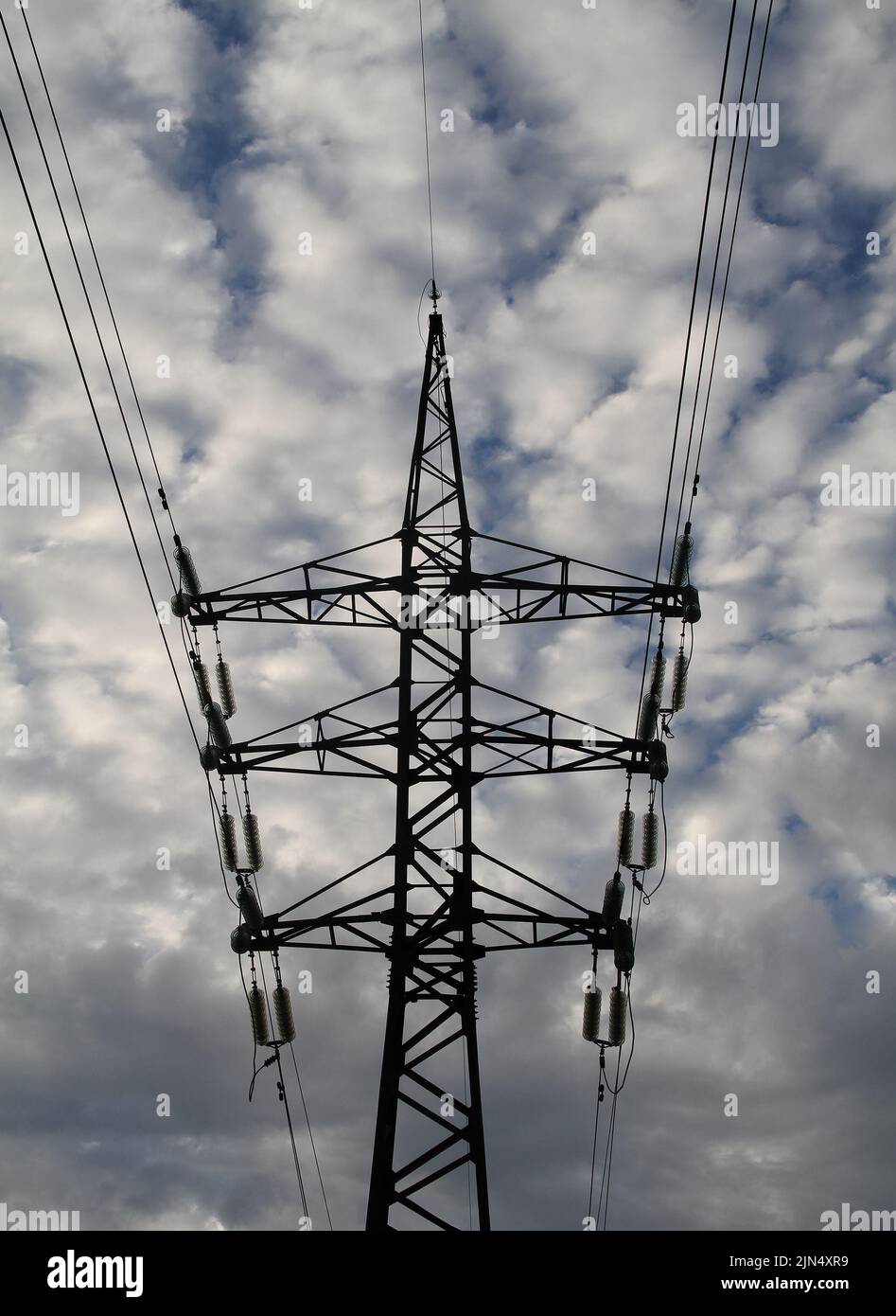 Top Of Steel Pylon Of Power Line With Wires Bottom View Stock Photo - Alamy