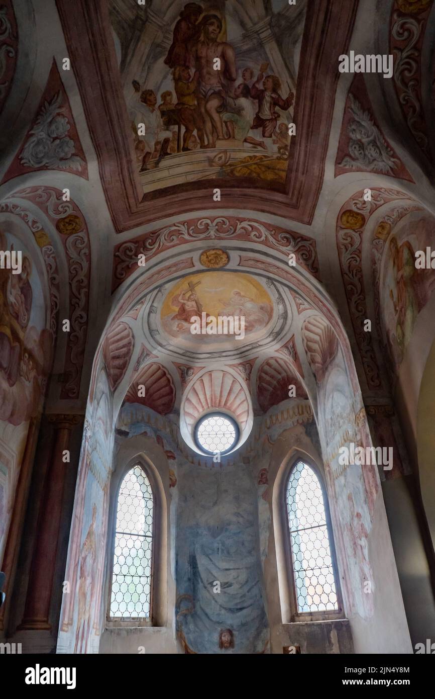 A vertical shot of interior of an old historic chapel in the Bled ...