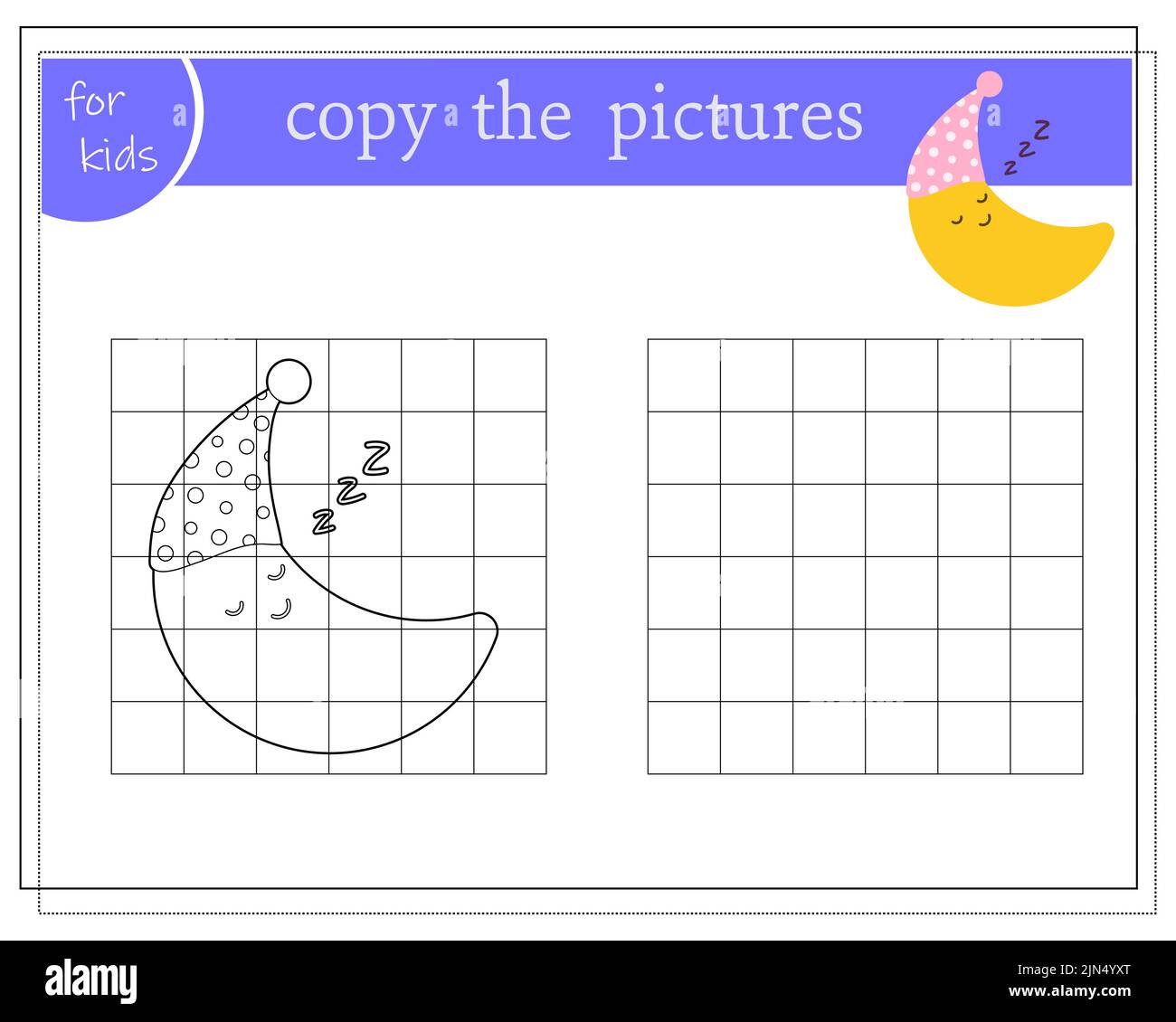 Copy the picture, educational games for kids, Cartoon moon sleeps in a ...