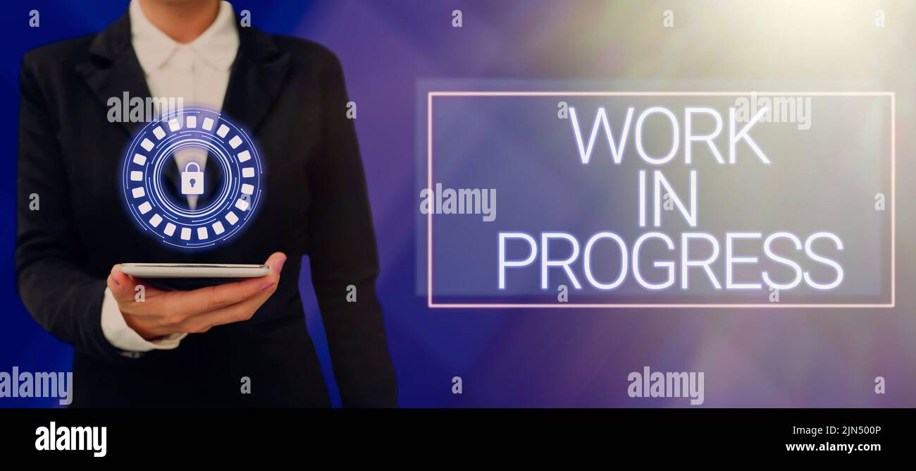 Text caption presenting Work In Progress. Business idea Job still being ...