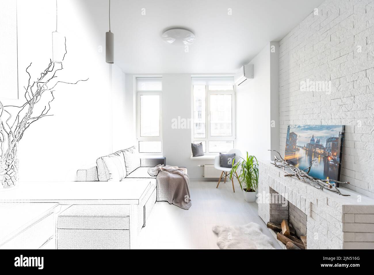 plan illustration and room berfore renovation concept drawing Stock ...