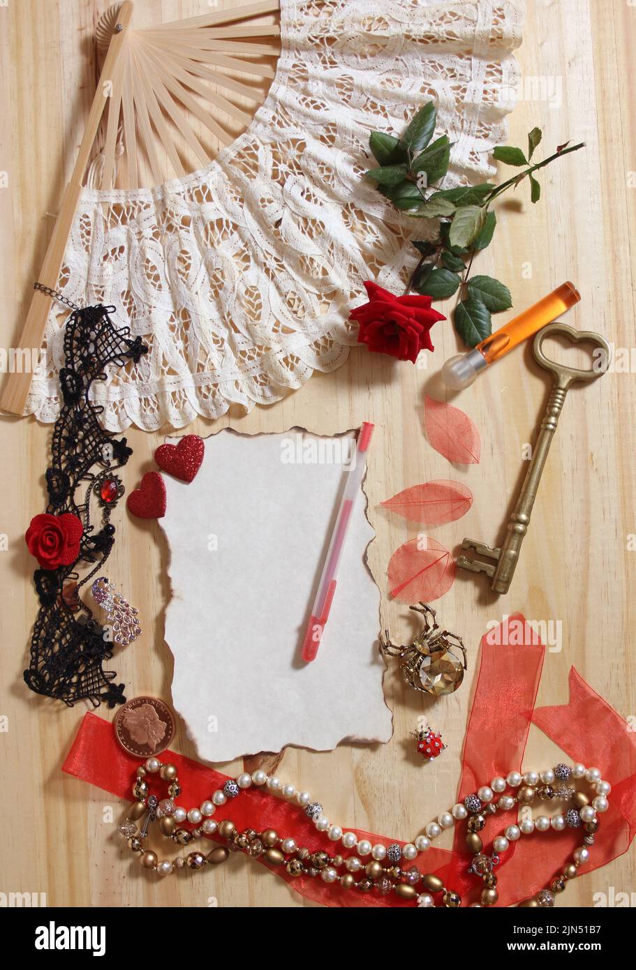 Vintage Jewelry and Lace With Antique Key on Wooden Background Space ...