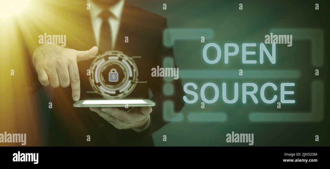 Conceptual display Open Source. Word Written on denoting software which original source code ...