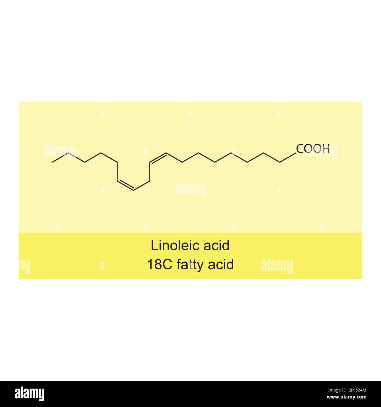 Linoleic acid (18 carbon fatty acid) chemical structure on yellow ...