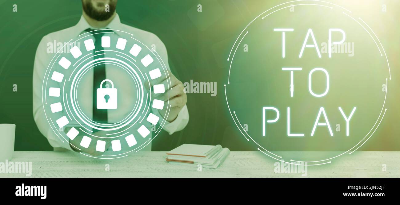 Hand writing sign Tap To Play. Business showcase Touch the screen to ...