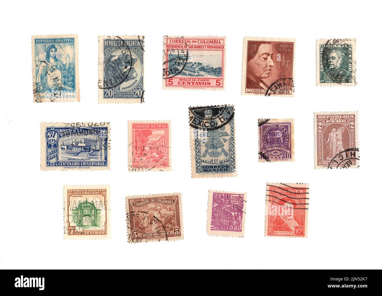 A selection of old postage stamps from South America on a white ...