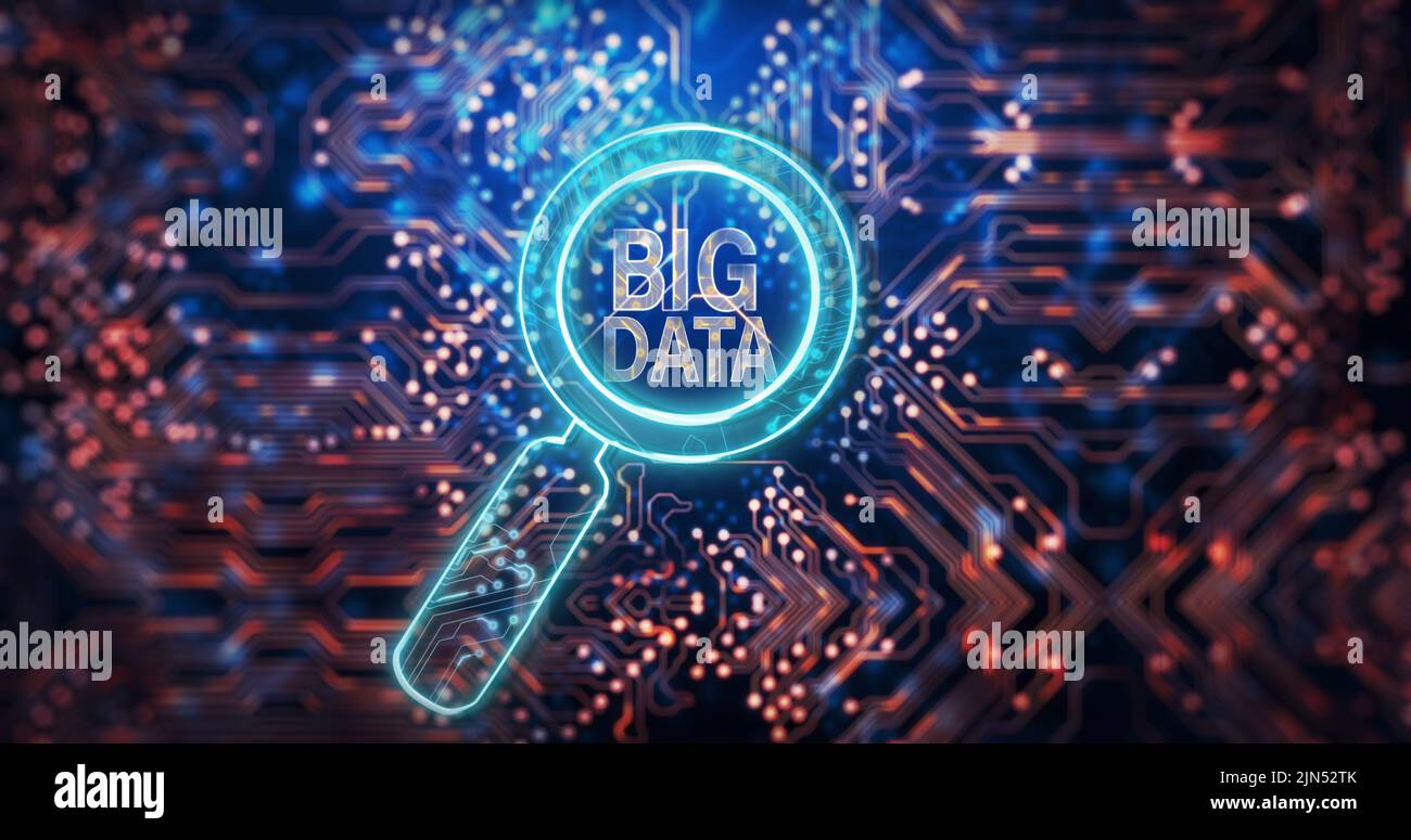 Image of magnifying glass with big data text over computer circuit ...