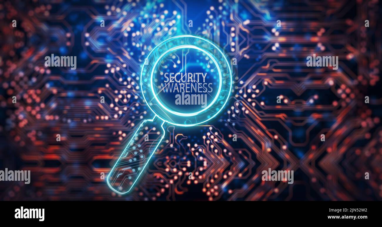 Image of magnifying glass with security awareness text over computer ...