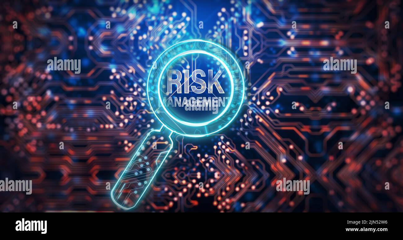 Image of magnifying glass with risk management text over computer ...