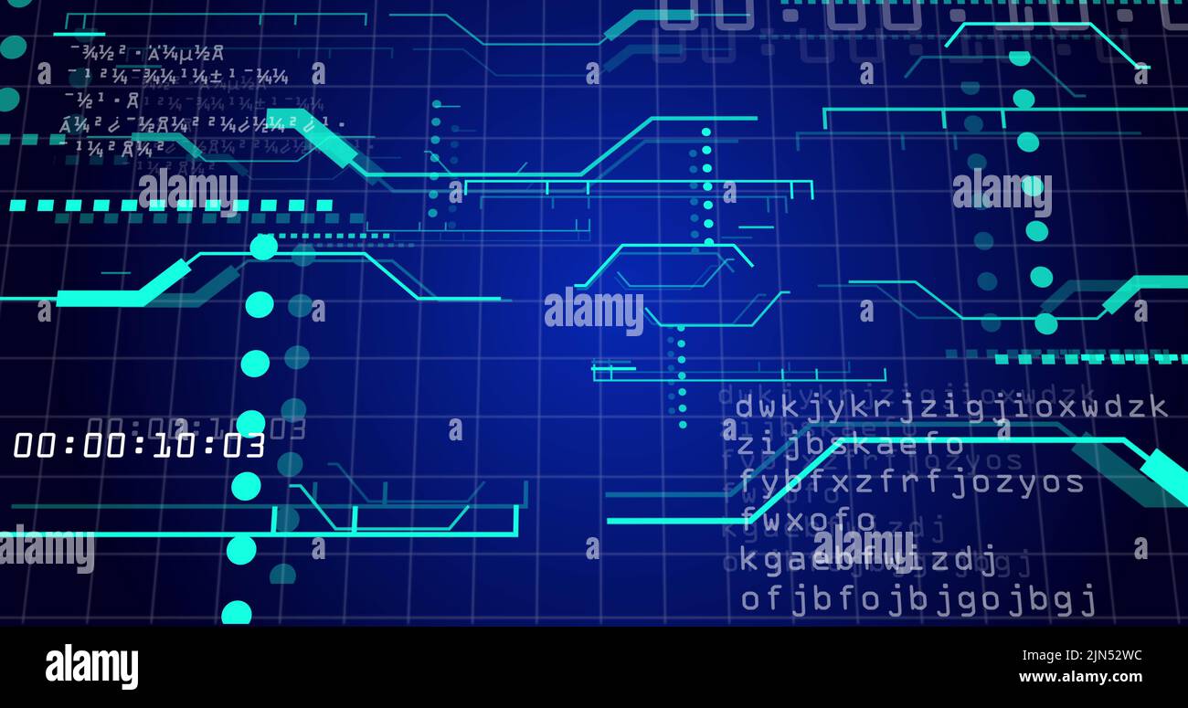 Image of neon integrated circuit and data on blue background Stock ...