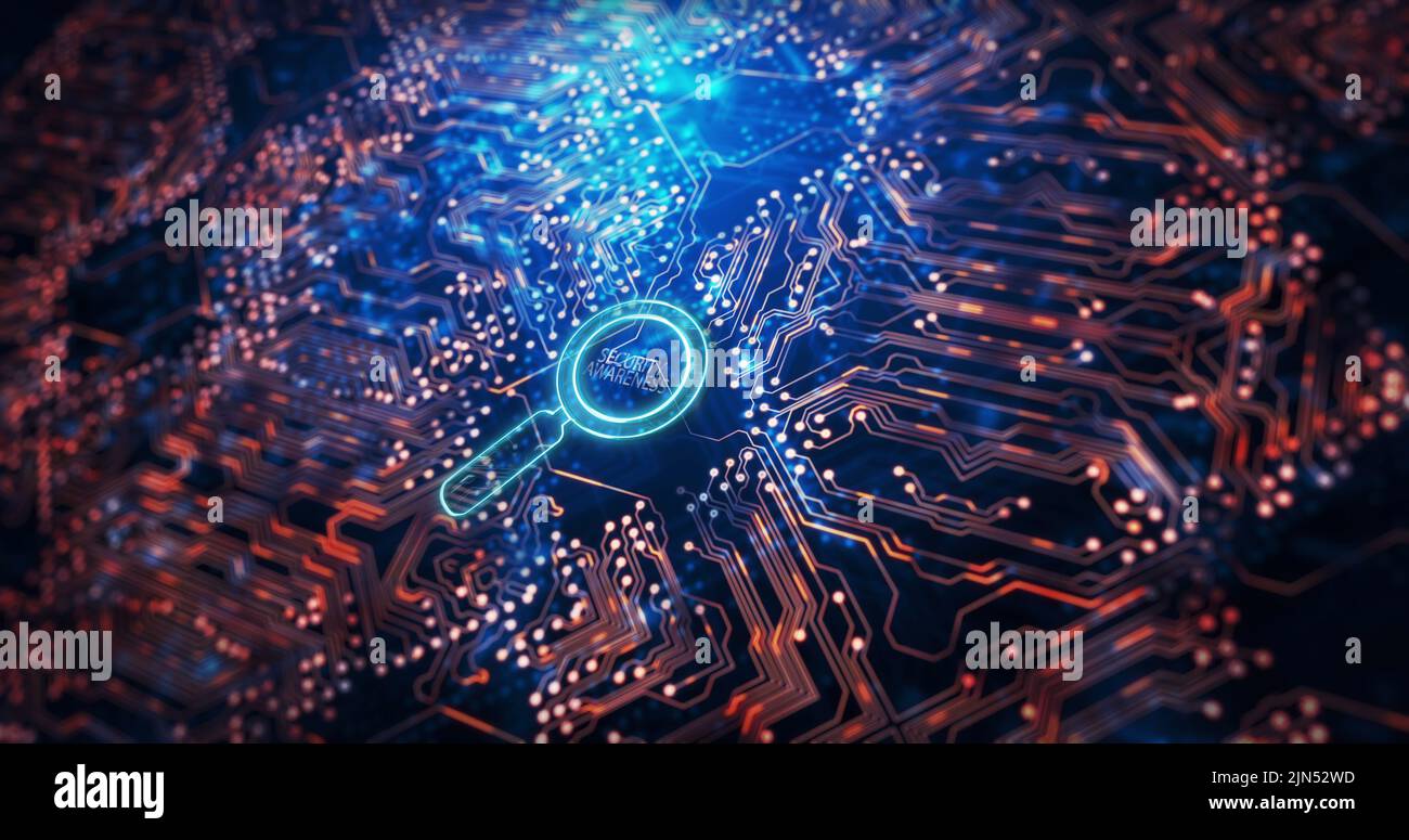 Image of magnifying glass with security awareness text over computer ...