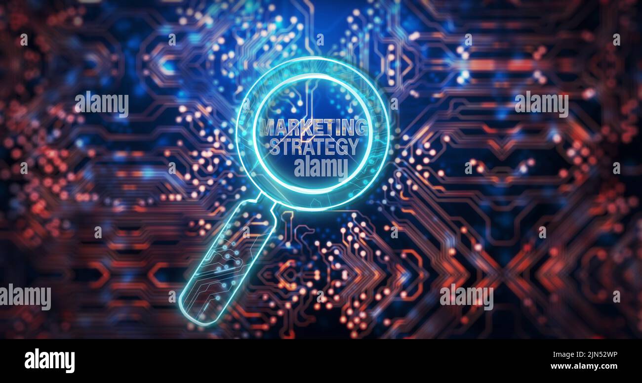 Image of magnifying glass with marketing strategy text over computer ...