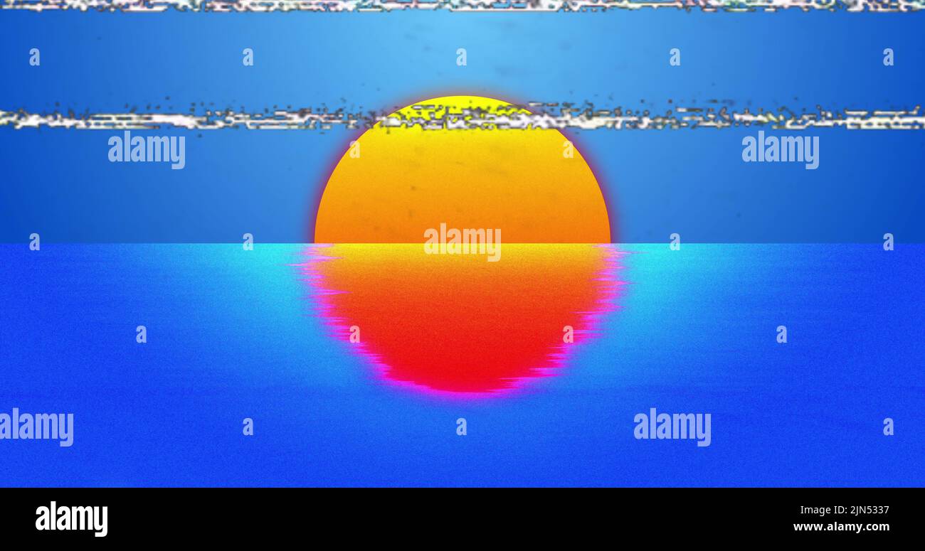 Image of interference and sun over water on blue background Stock Photo ...