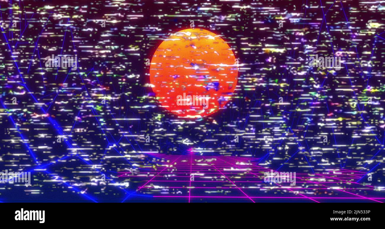 Image of interference and sun over digital mountains on black ...