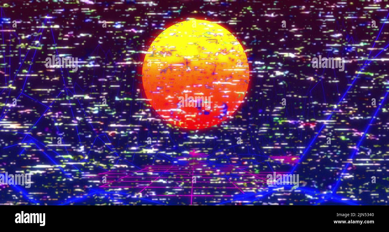 Image of interference and sun over digital mountains on black ...