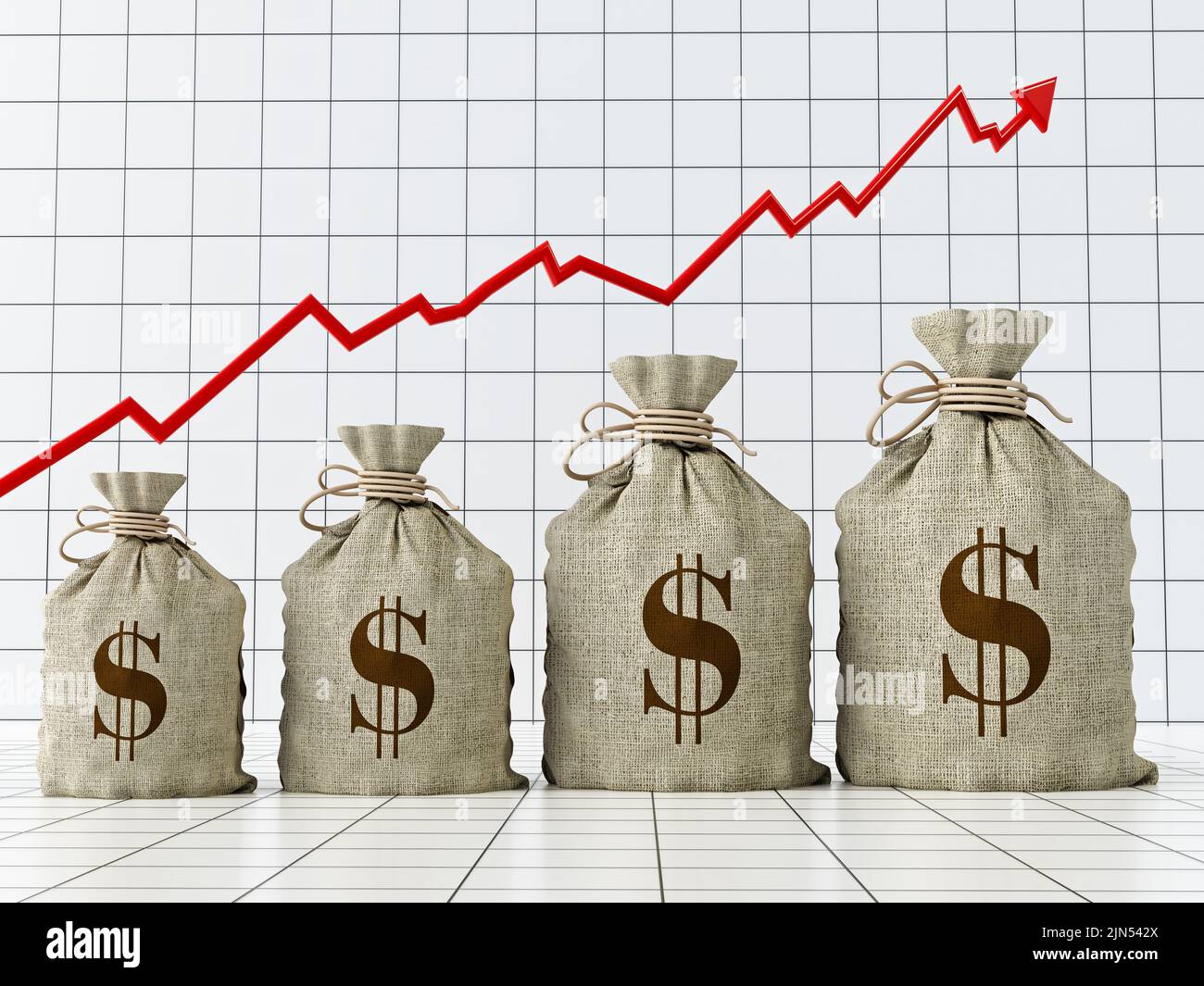 Sacks with Dollar symbol under rising arrow growing in size. 3D ...