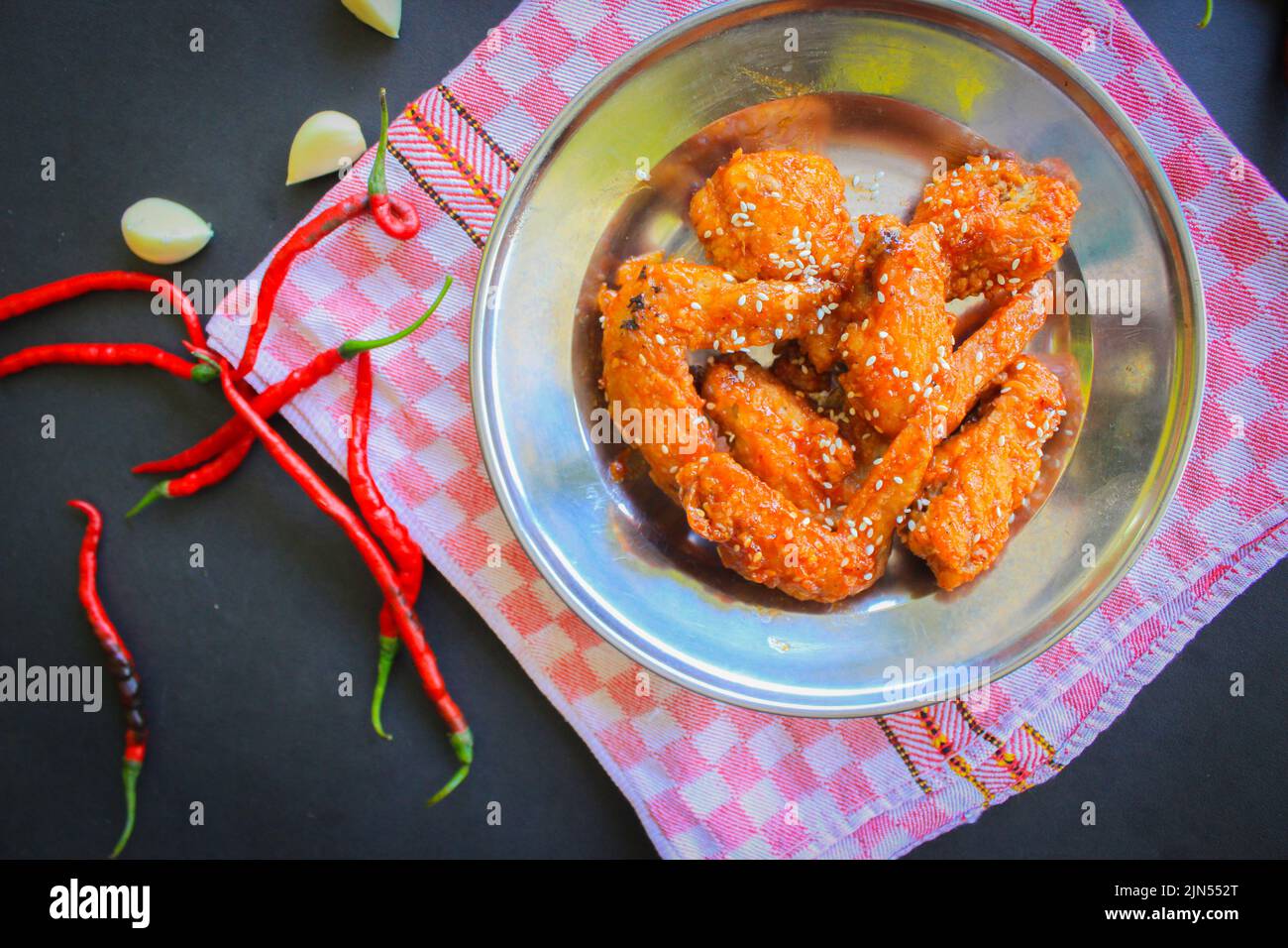 Delicious homemade crispy fried chicken with spicy taste and lemon on ...