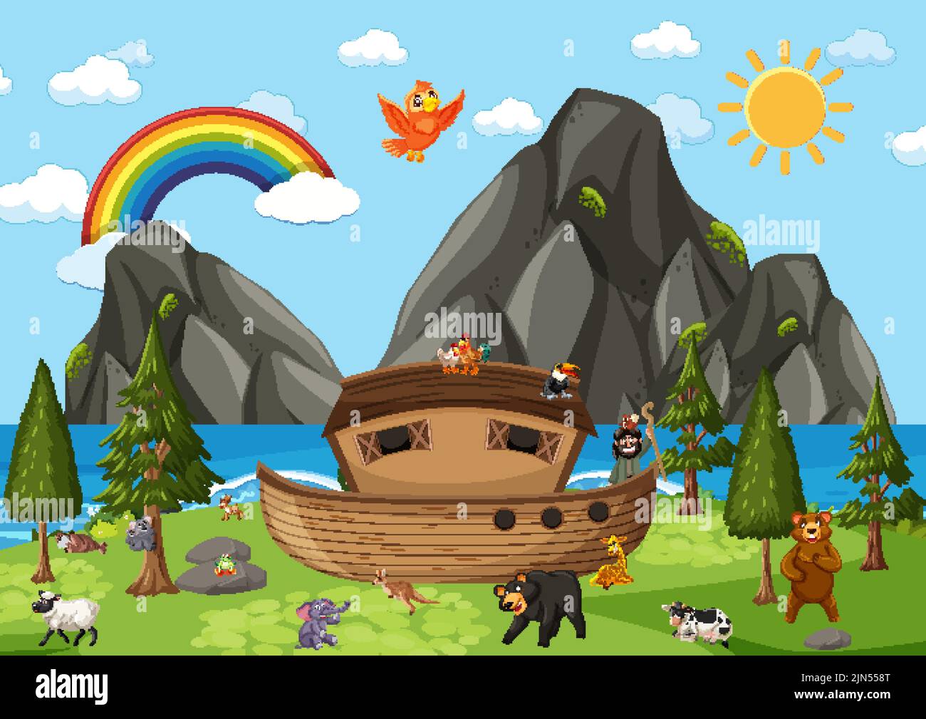 Noah's Ark with wild animals in nature scene illustration Stock Vector Image & Art - Alamy