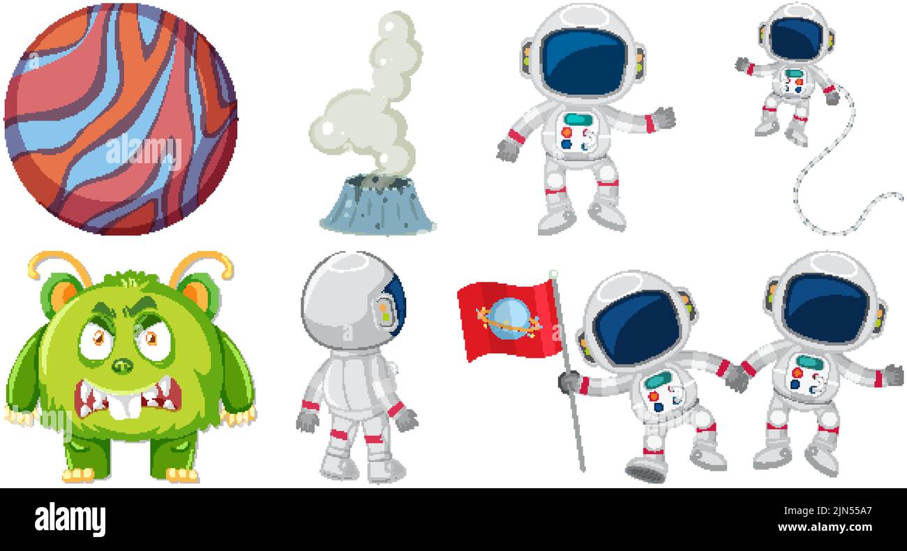 Set of space cartoon characters and objects illustration Stock Vector ...