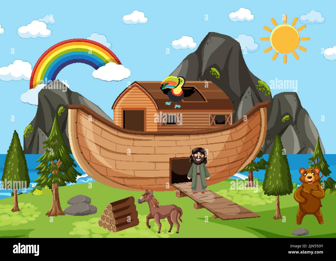 Noah's Ark with wild animals in nature scene illustration Stock Vector ...