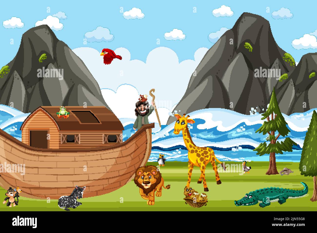 Noah's Ark with wild animals in nature scene illustration Stock Vector Image & Art - Alamy