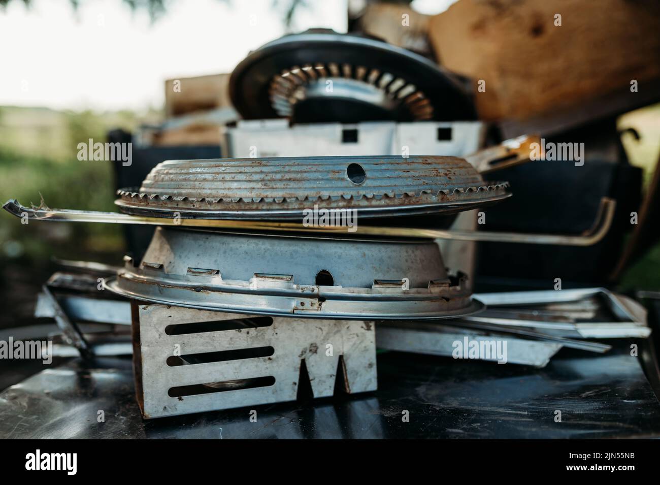 A shallow focus shot of a collection of used and old objects in the ...