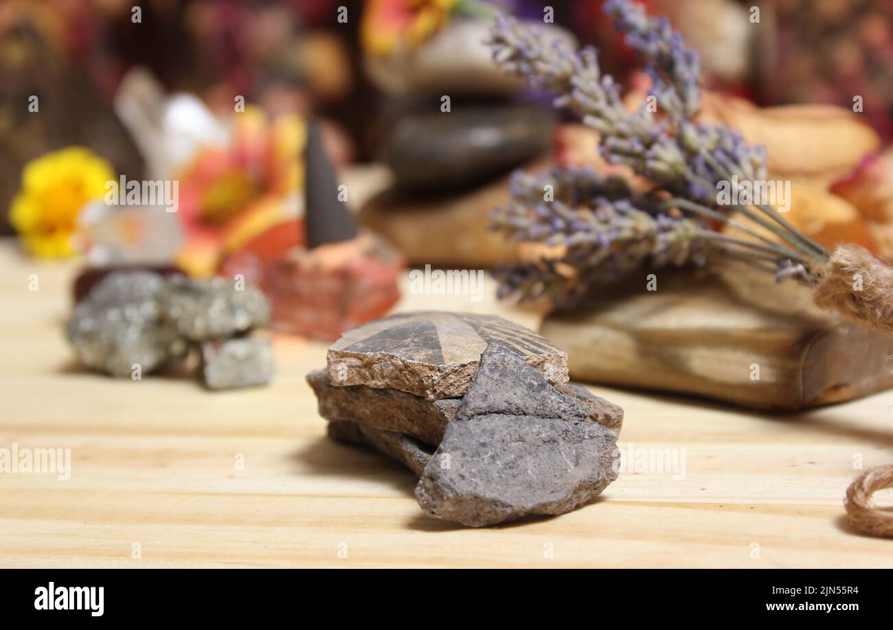 Ancient Native American Pottery Pieces With Crystals and Flowers on ...