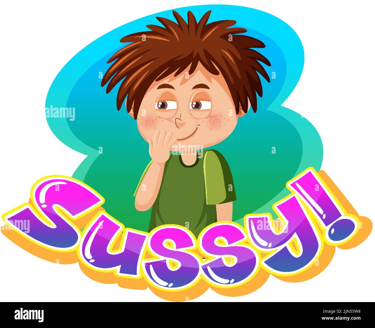 Sussy text word banner comic style with cartoon character expression ...