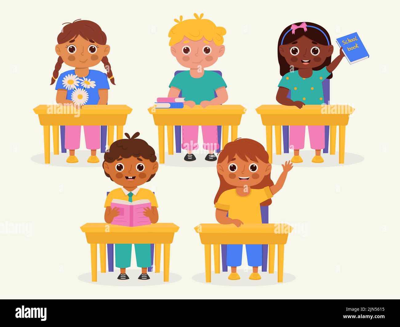 School kids with school supplies sitting at a school desk. Kids with ...