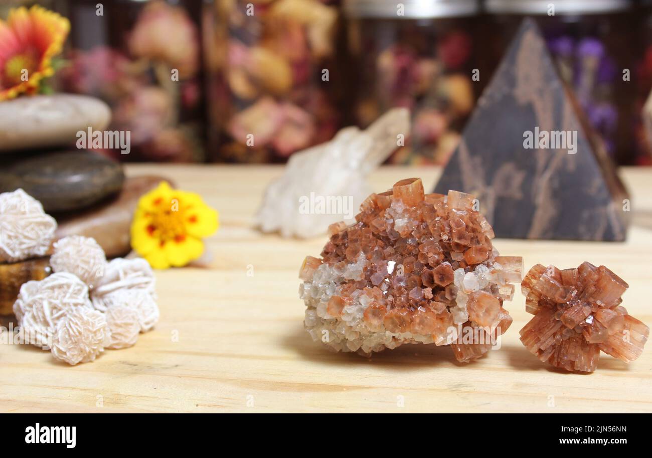 Incense Cones and Desert Rose Rocks on Meditation Table With ARagonite ...