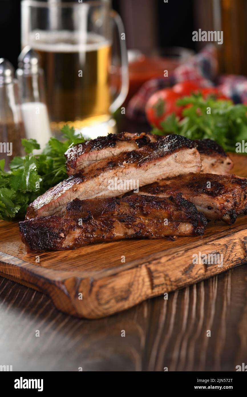 Delicious Baked Grilled Sliced pork belly with barbeque sauce plating ...