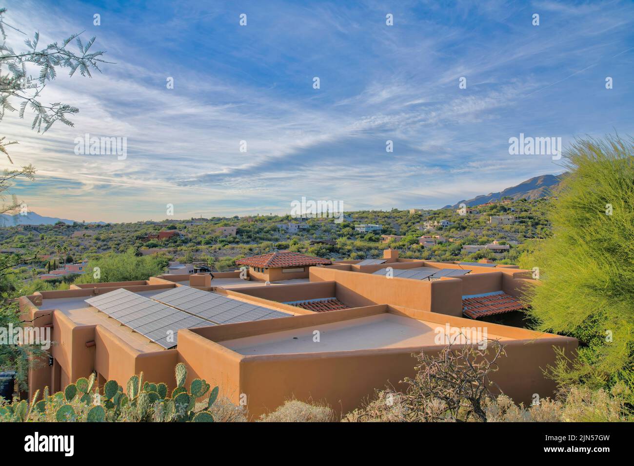 Top of a medterranean house with solar panel and clay tile roofs at ...
