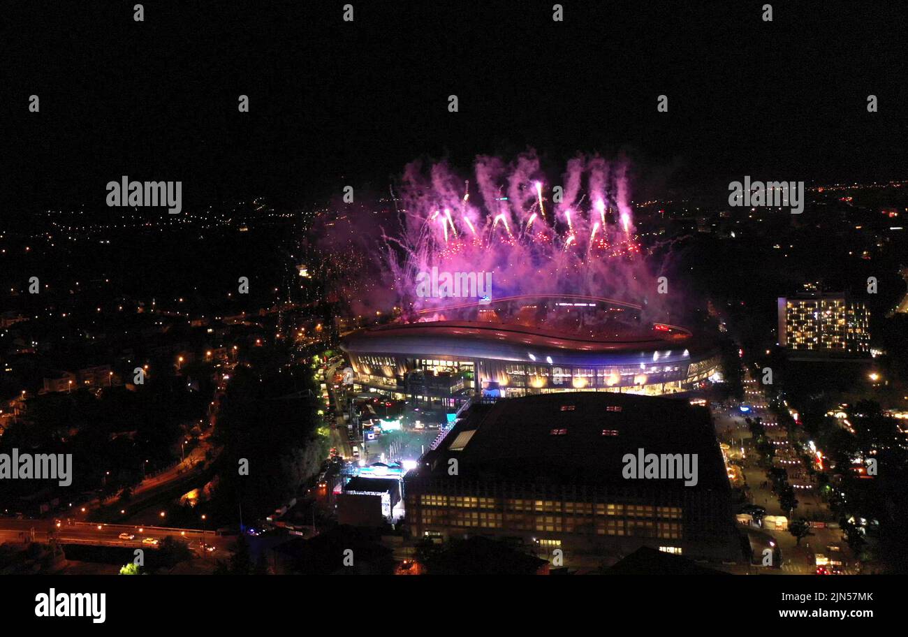 Fireworks above the city, aerial view. Flying during New Year's Eve ...