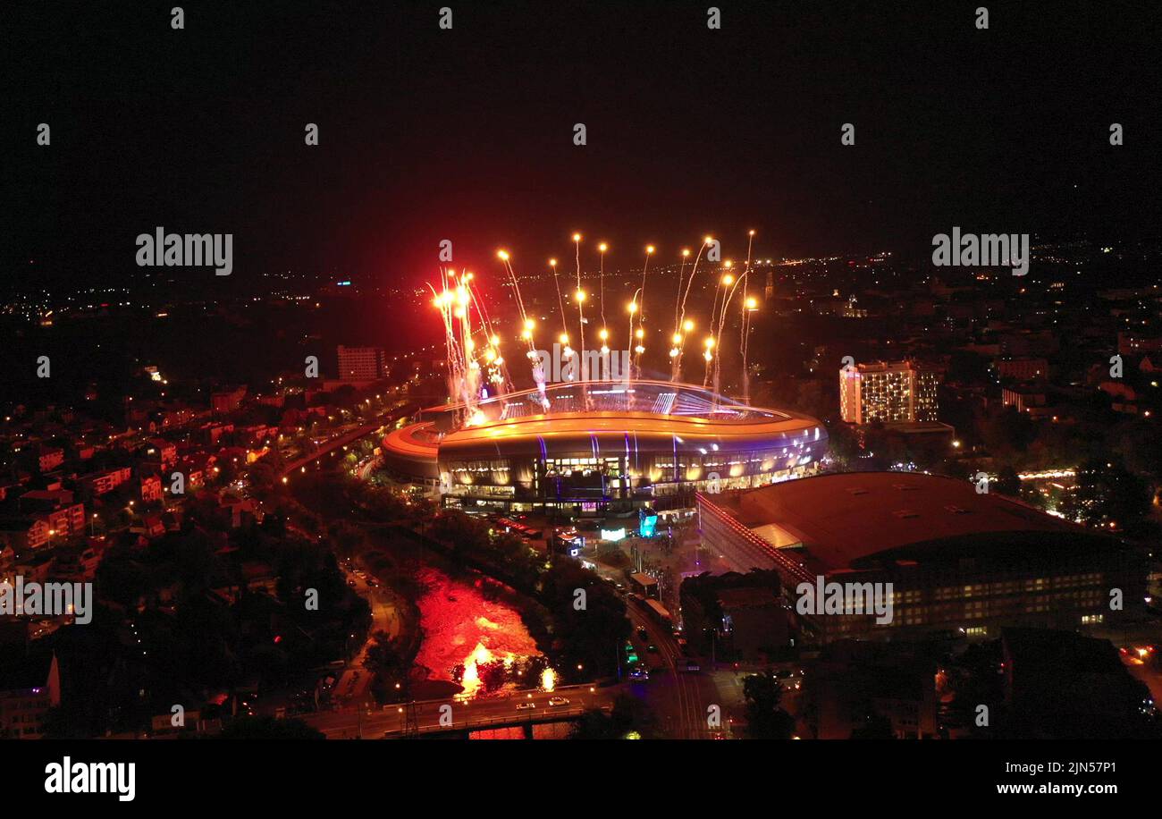 Aerial view exploding pyrotechnics during hi-res stock photography and ...