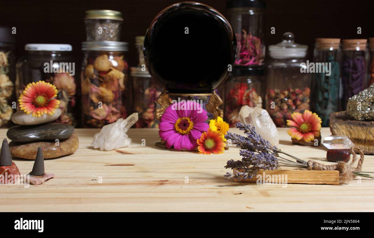 Meditation Altar With Rock Crystals and Flowers. Large Obsidian Crystal ...