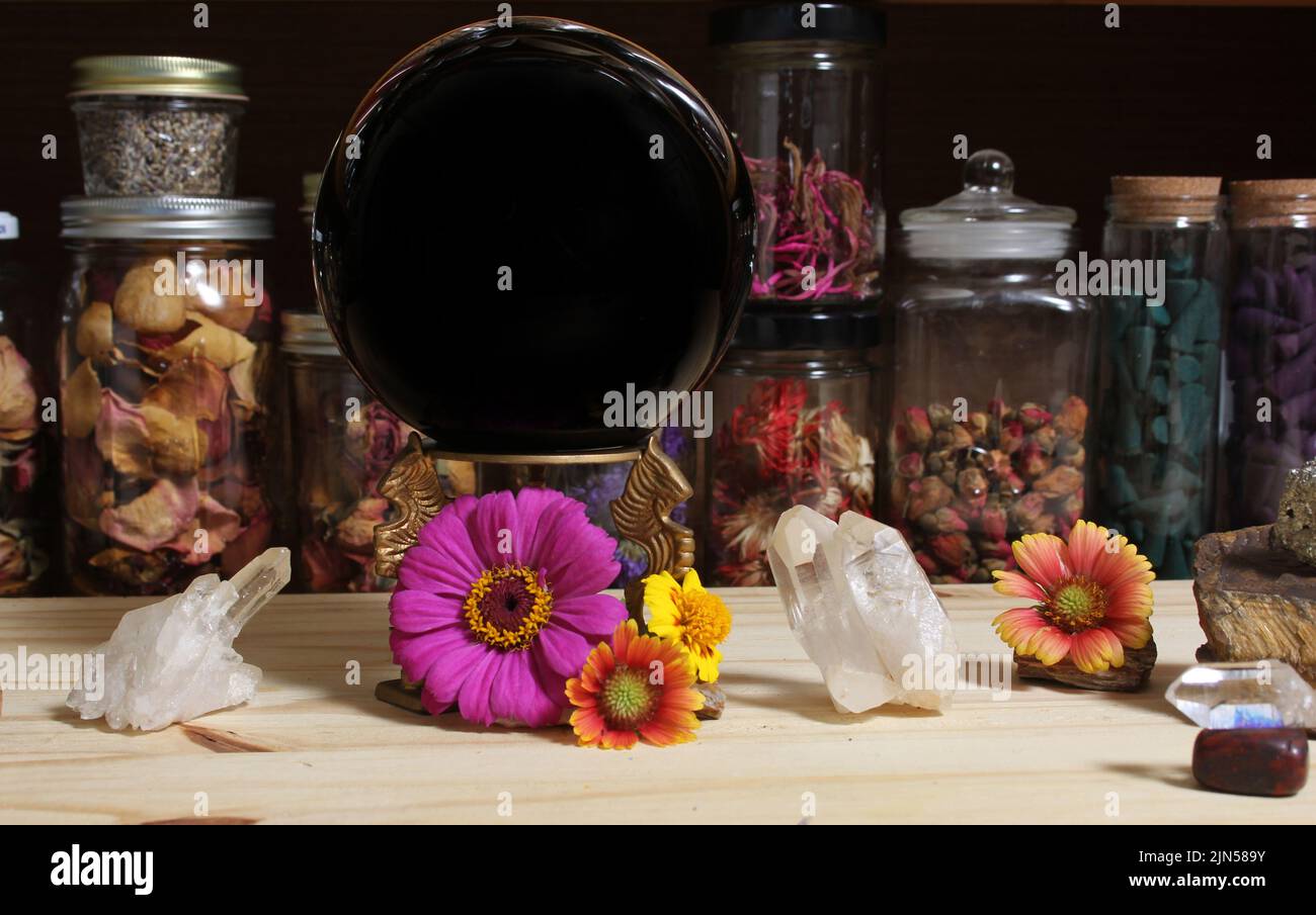 Meditation Altar With Rock Crystals And Flowers Large Obsidian Crystal