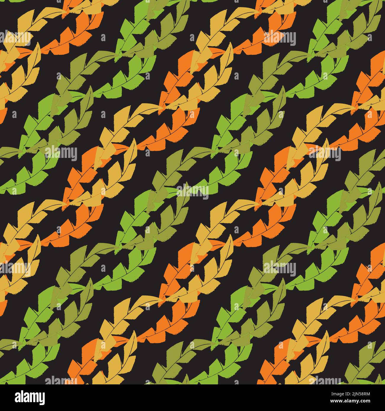Mono print style leaves abstract striped seamless vector pattern ...