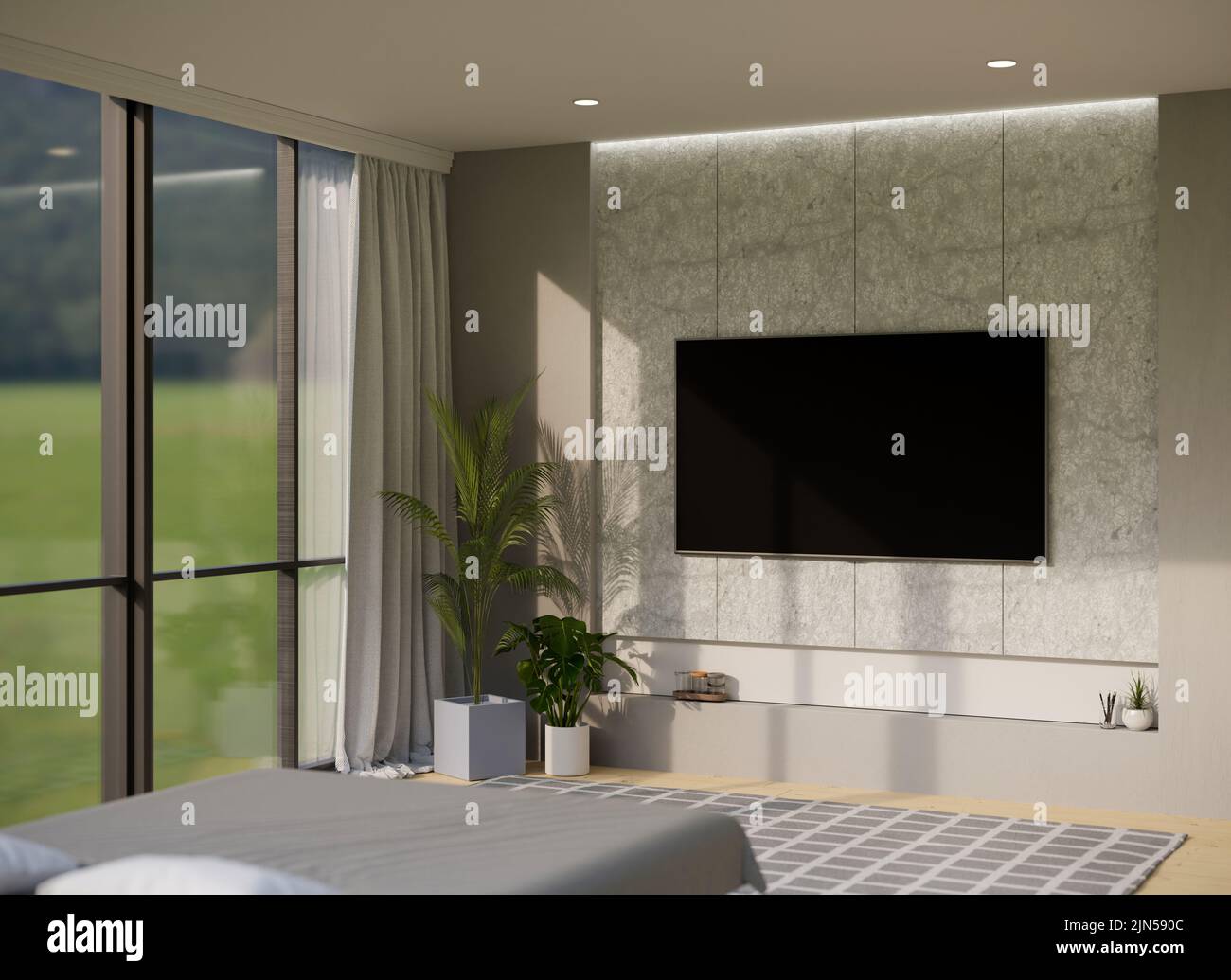 Modern luxury bedroom interior design with comfy bed, indoor plants ...