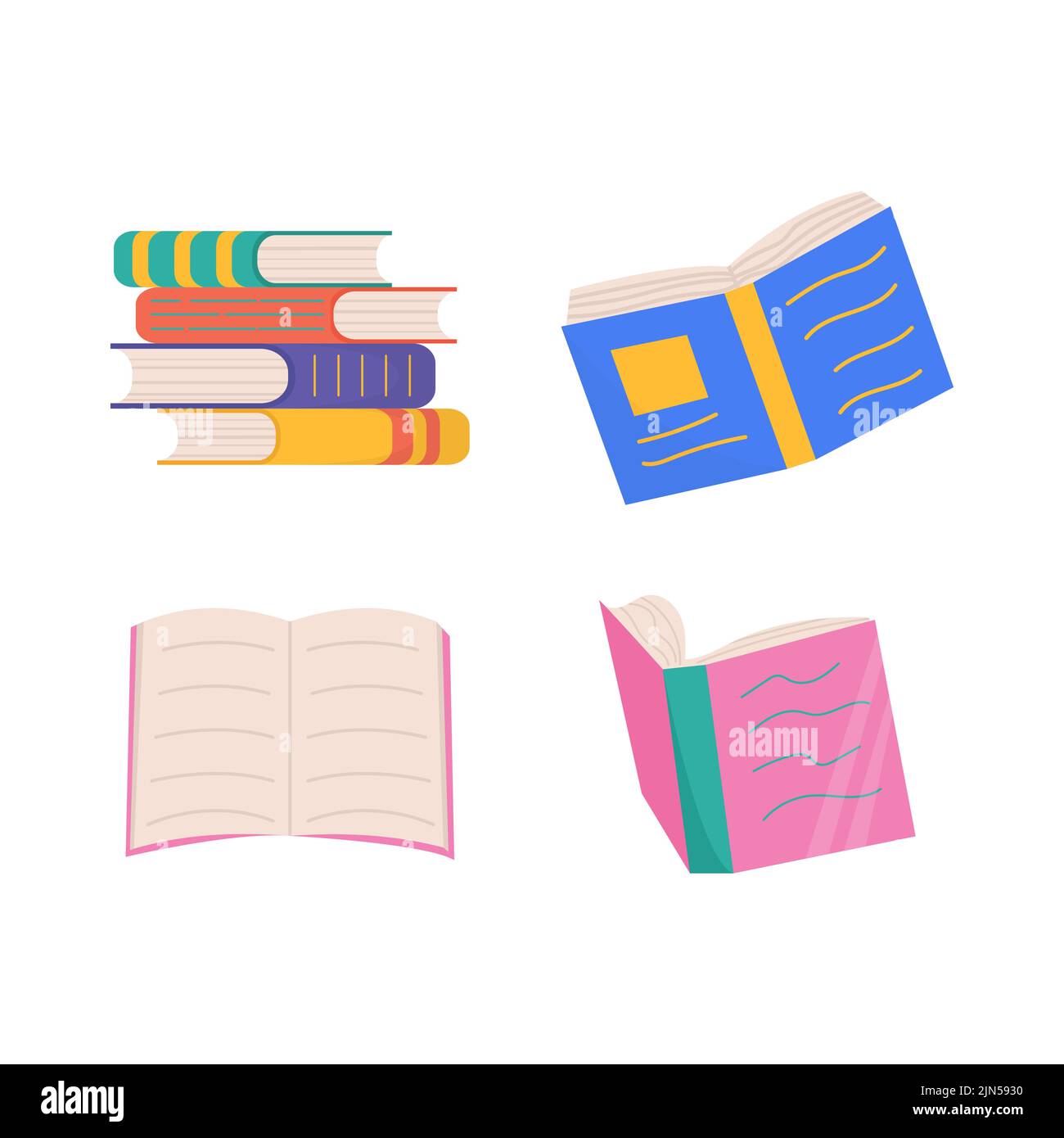 Colorful books set. Books in a stack, open, in a group, closed. Learn ...