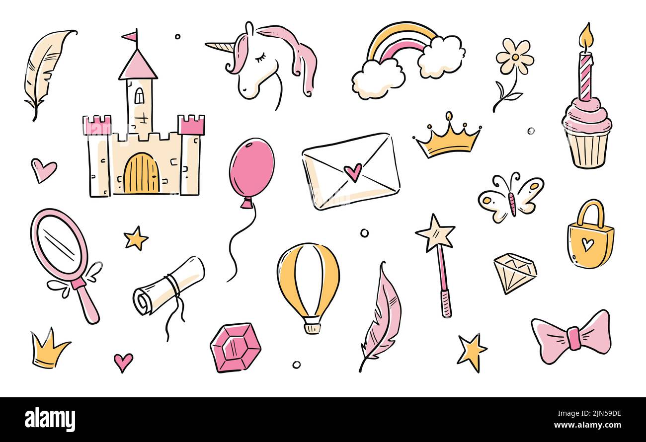Hand drawn princess doodle set. Beauty cute girl princess accessories ...
