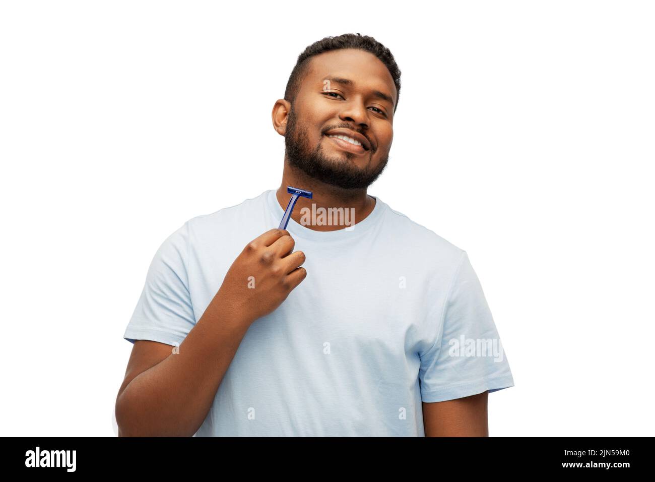 smiling african man shaving beard with razor blade Stock Photo - Alamy