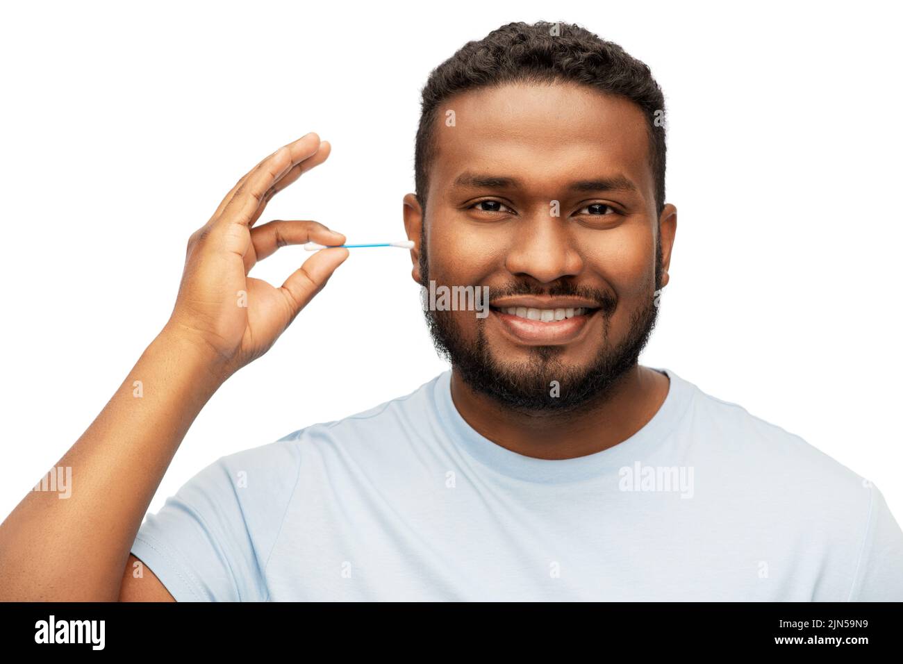 african american man cleaning ear with cotton swab Stock Photo - Alamy