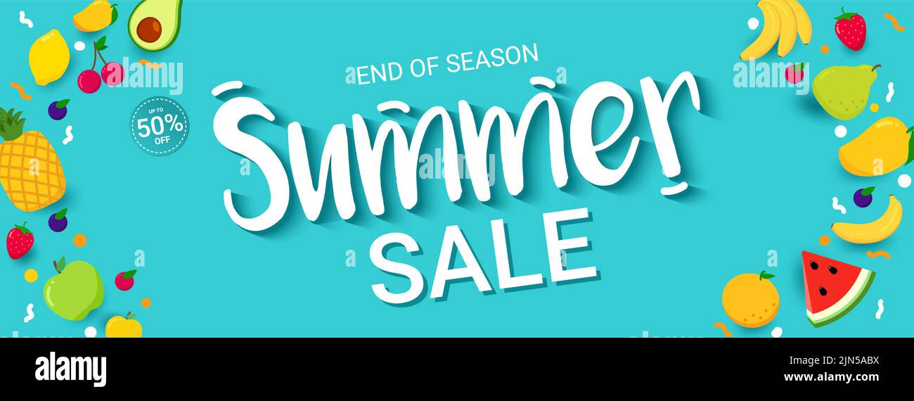 Bright blue background with summer fruits. Summer Sale, end of season ...