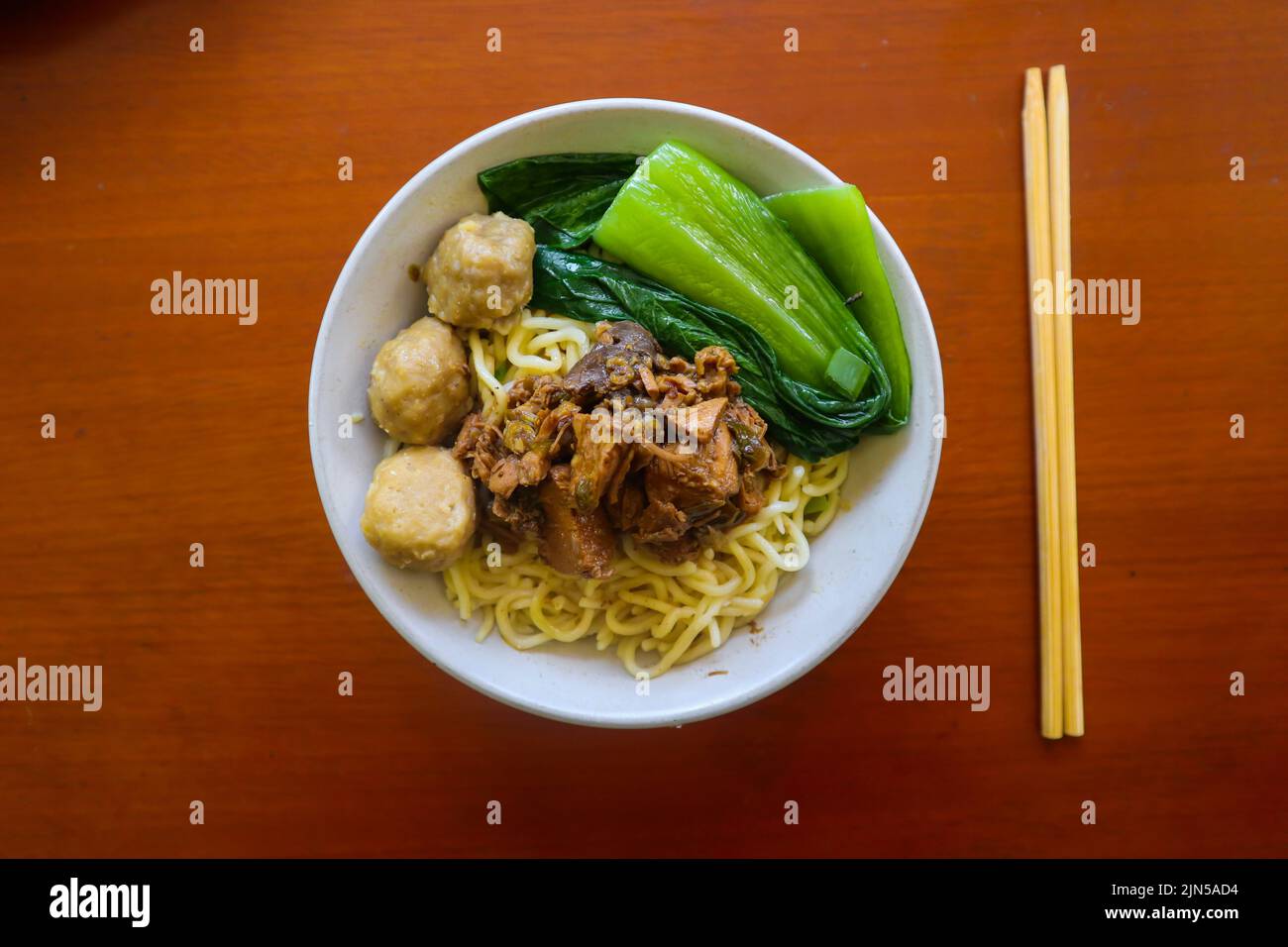 mie ayam or noodles chicken is traditional food from indonesia, asia ...