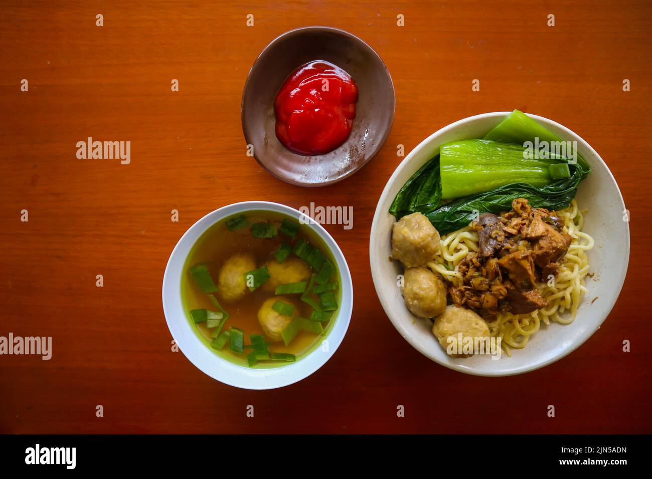 mie ayam or noodles chicken is traditional food from indonesia, asia ...