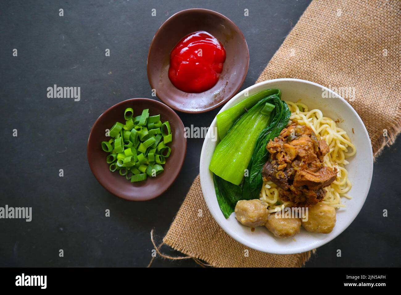 mie ayam or noodles chicken is traditional food from indonesia, asia ...