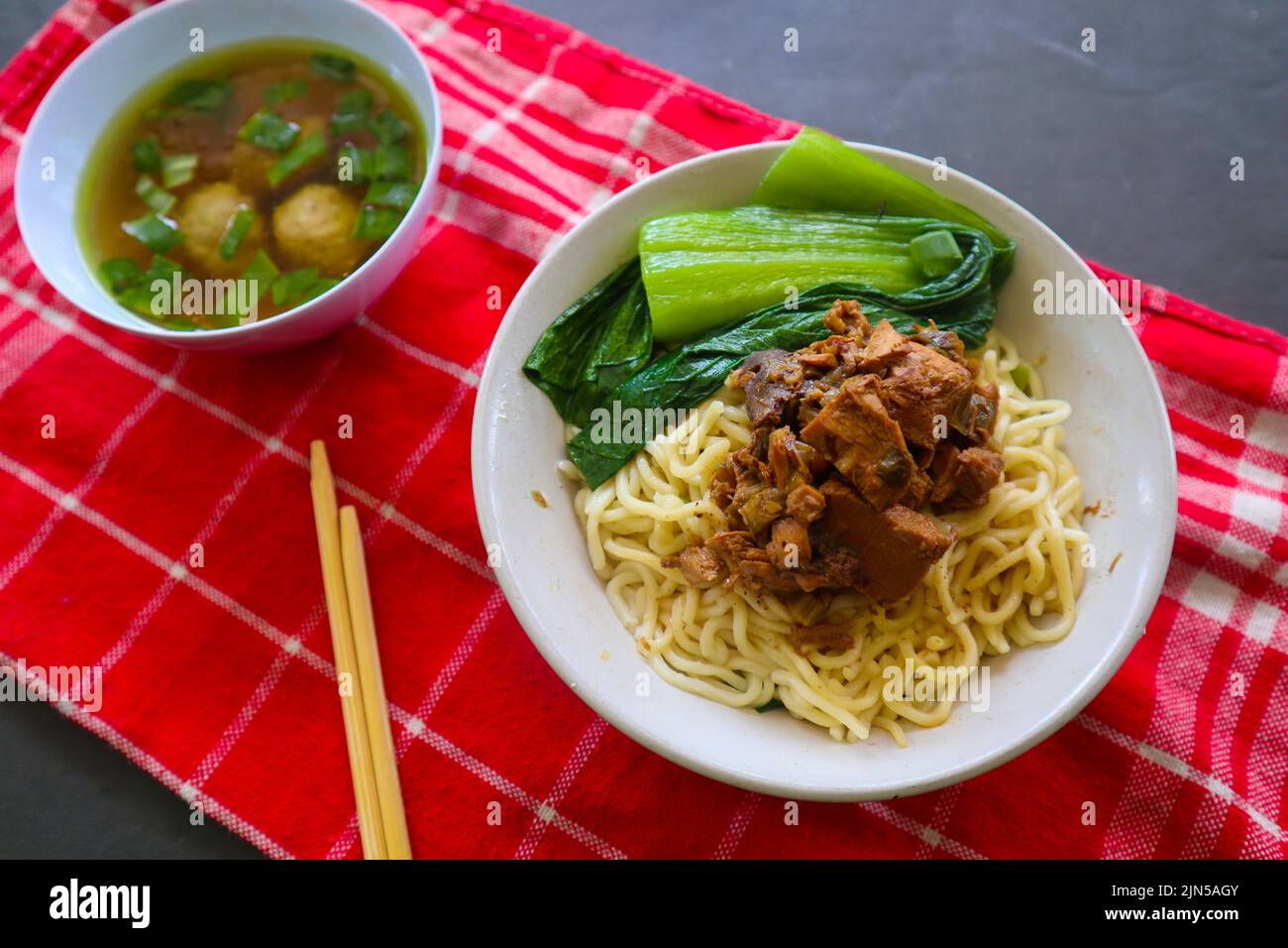 mie ayam or noodles chicken is traditional food from indonesia, asia ...